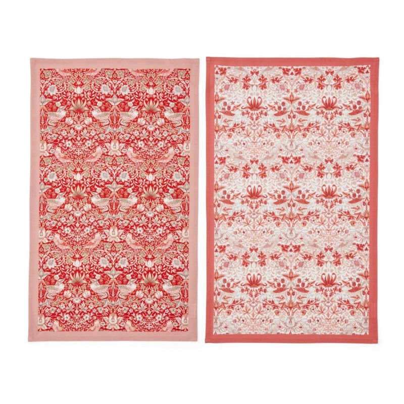 Strawberry Thief Set of 2 Tea Towels in Red by Morris & Co